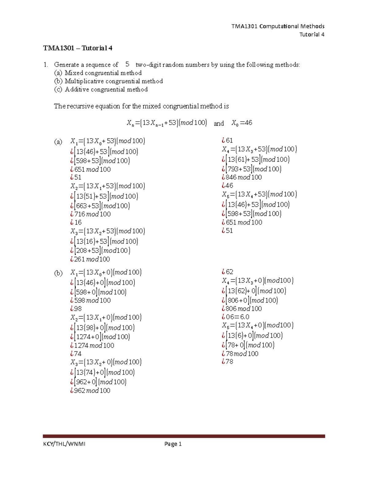 TMA1301 Tutorial 04 Answers - TMA1301 Computational Methods Tutorial 4 TMA1301 Tutorial 4 1 ...