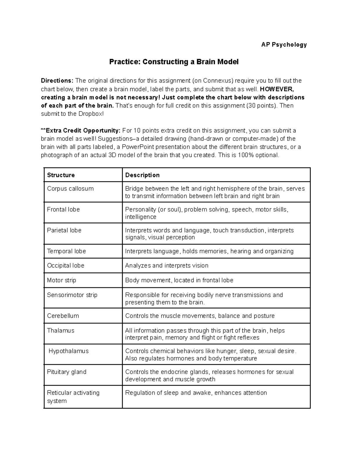 Brain Model Sample Work - AP Psychology Practice: Constructing a Brain ...