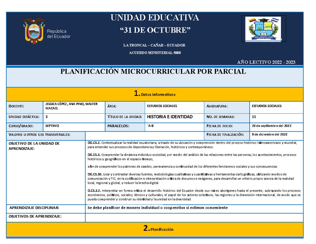 2.-PLAN Microcurricular EESS 2022 - 2023 Parcial 3 - UNIDAD EDUCATIVA “31 DE OCTUBRE” LA TRONCAL ...