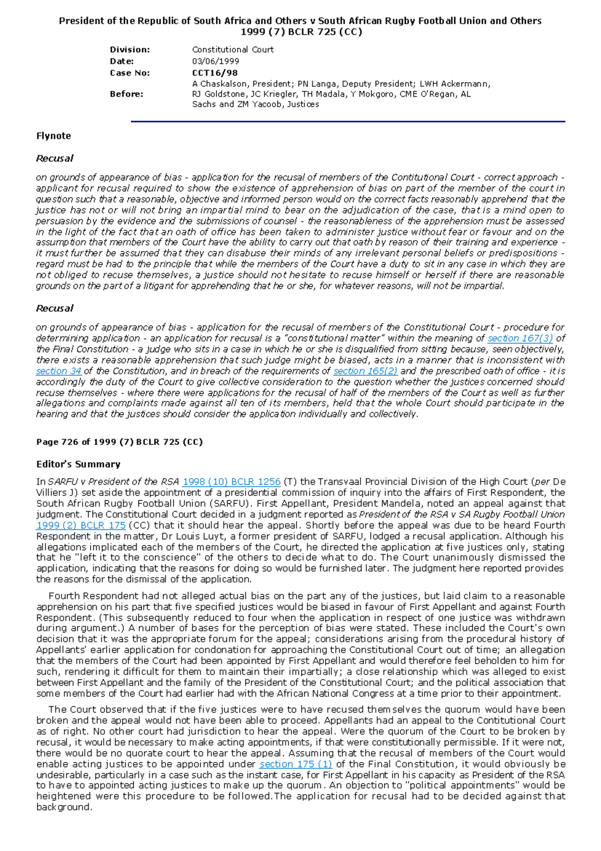 President of the Republic of SA v Sarfu - President of the Republic of ...