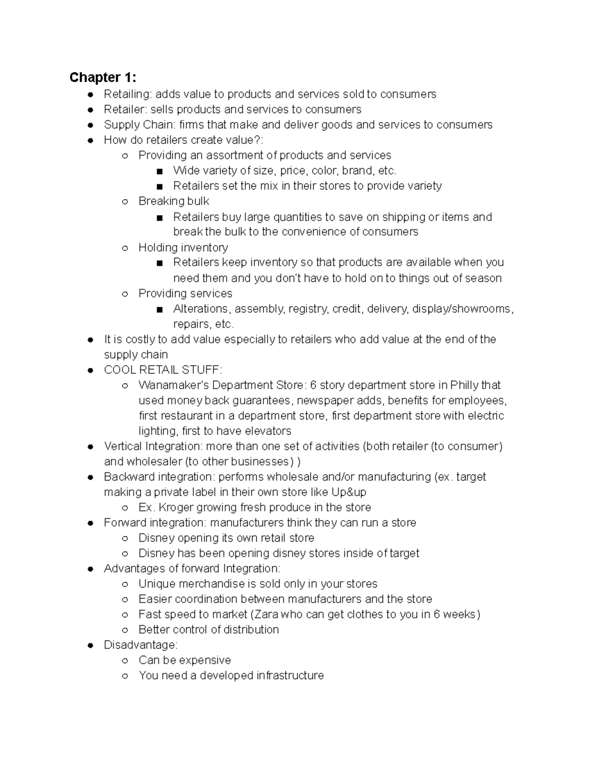 MAR 3231 Chapter 1 Notes - Chapter 1: Retailing: adds value to products ...