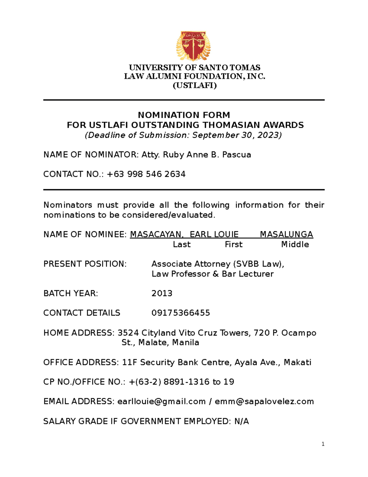 Ustlafi Nomination FORM Outstanding Thomasian Awards - UNIVERSITY OF ...