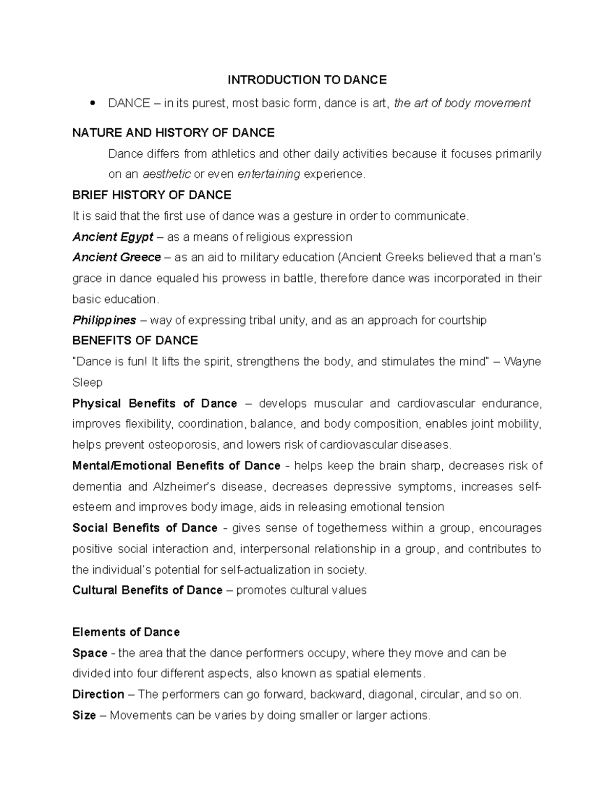 Introduction TO Dance - PE 3 - INTRODUCTION TO DANCE DANCE – in its ...