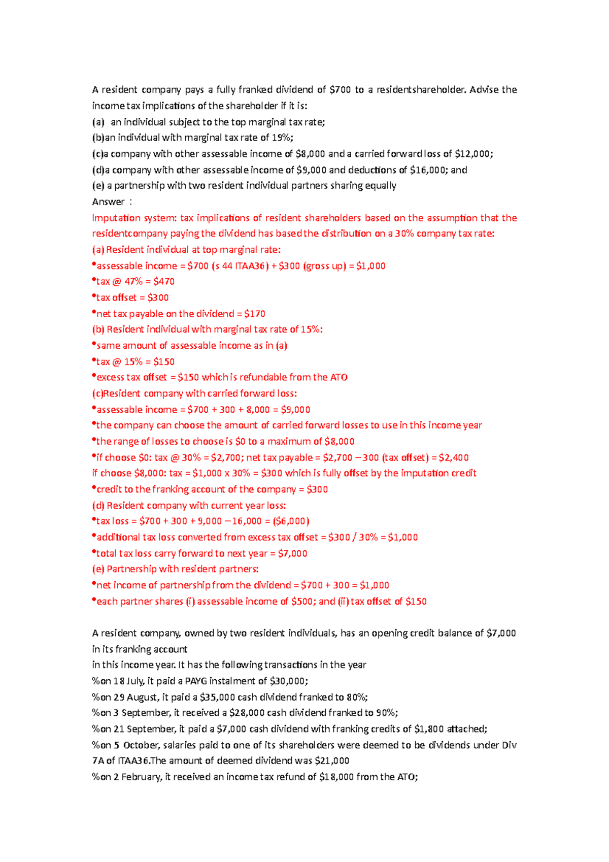 Doc1 - work - A resident company pays a fully franked dividend of $700 ...