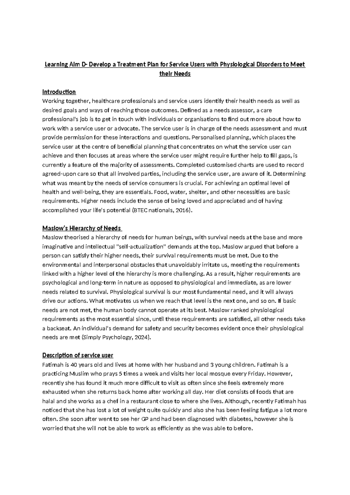 YR12- LAD - Unit 4 LAD - Learning Aim D- Develop a Treatment Plan for ...