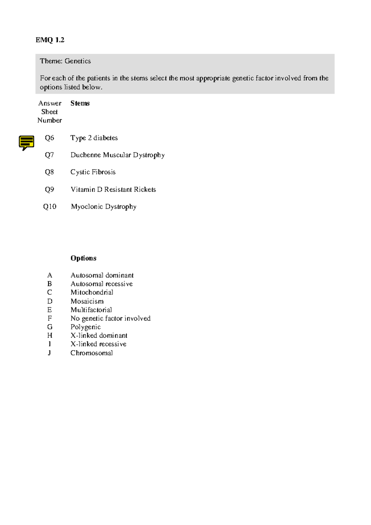 Genetics - Answers - EMQ 1. ! ! Answer Sheet Number Stems Q6 Type 2 ...