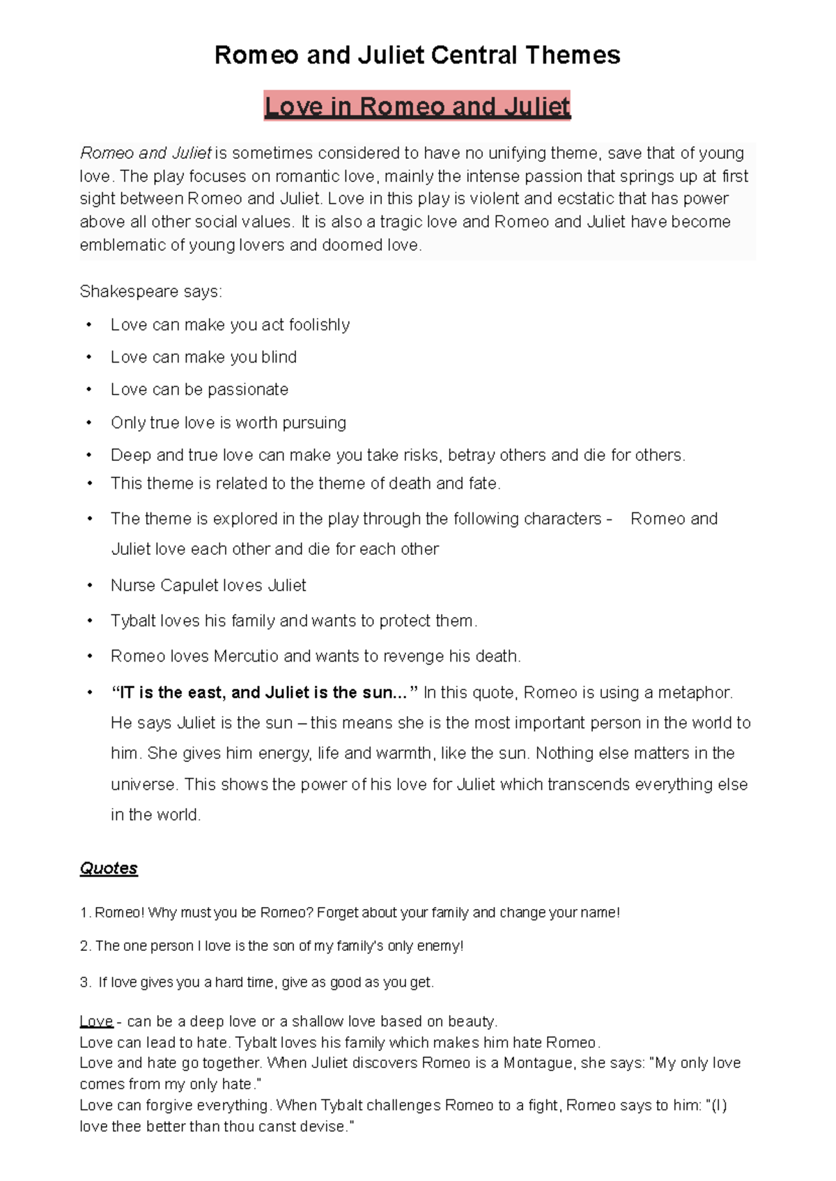 Romeo and Juliet Themes - Romeo and Juliet Central Themes Love in Romeo ...