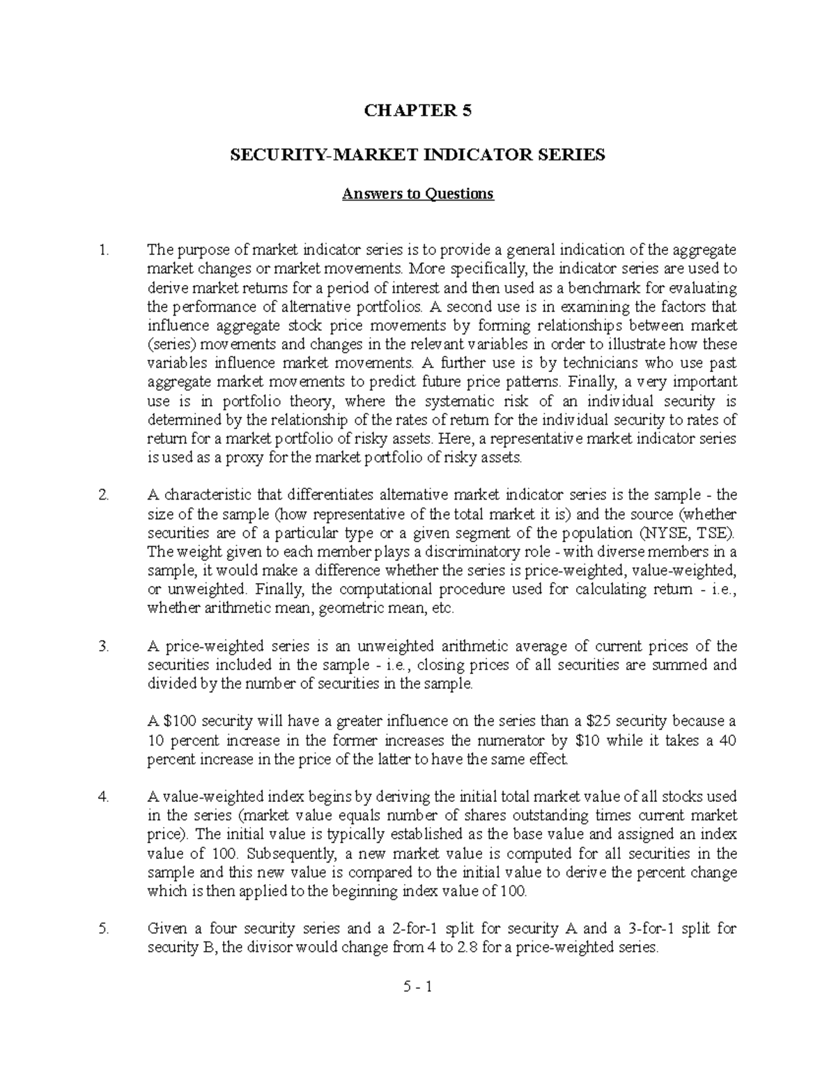 Sm05 - Chapter solutions - CHAPTER 5 SECURITY-MARKET INDICATOR SERIES ...
