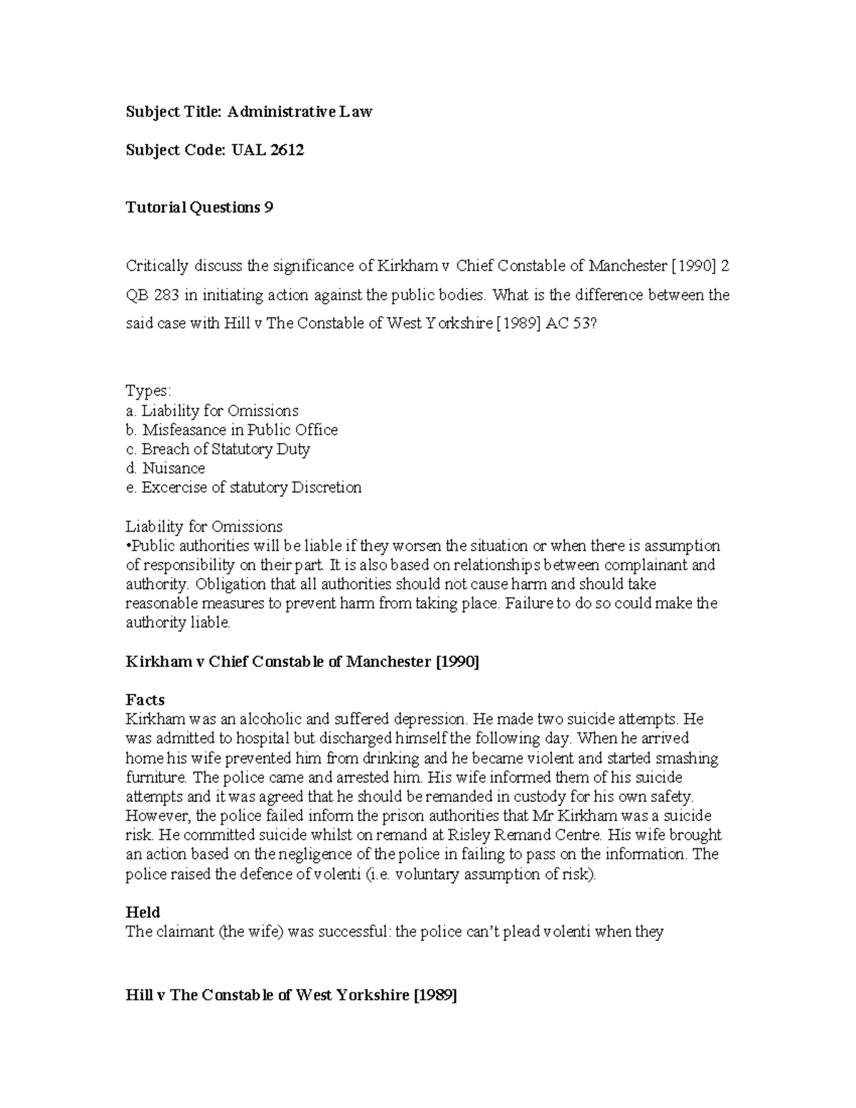 Admin Tutorial 9 - Subject Title: Administrative Law Subject Code: UAL ...