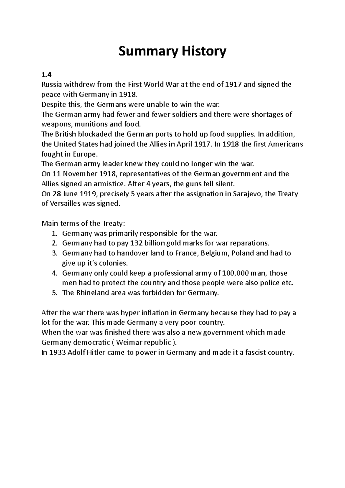 Summary History - samenvatting van memo geschiedenis in het Engels ...