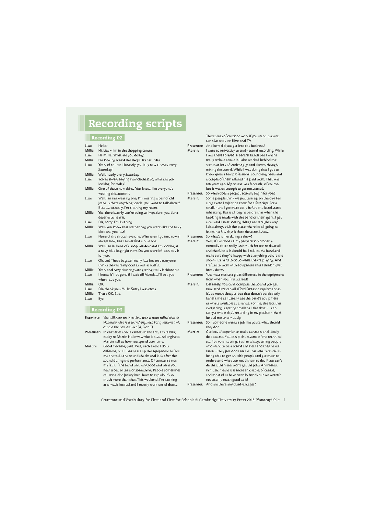 Grammar Vocabulary First and First for Schools recording scripts ...