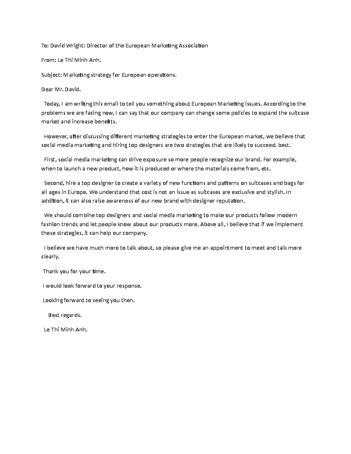 Email - To: David Wright: Director of the European Marketing ...