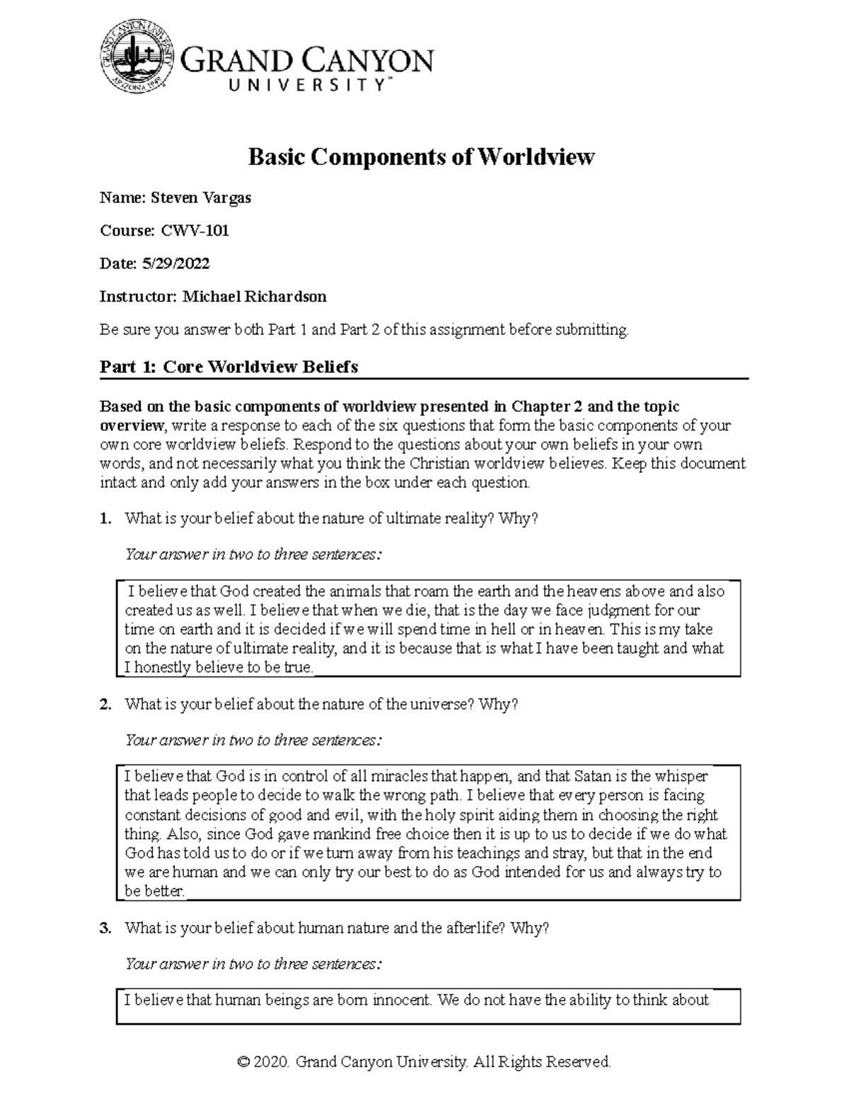 CWV-101-301-RS-T1Basic Components Of Worldview - Basic Components of Worldview Name: Steven ...