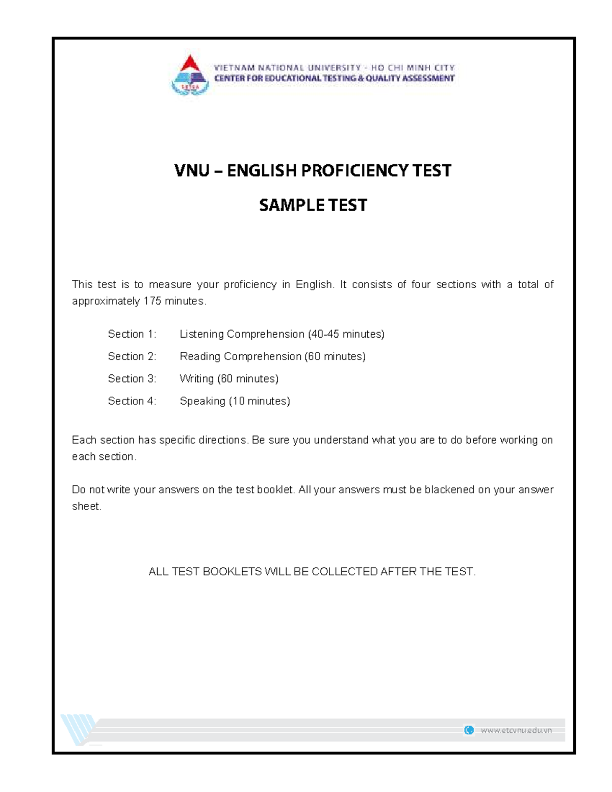 VNU-EPT sample test and key- Official version 2 - VNU – ENGLISH ...