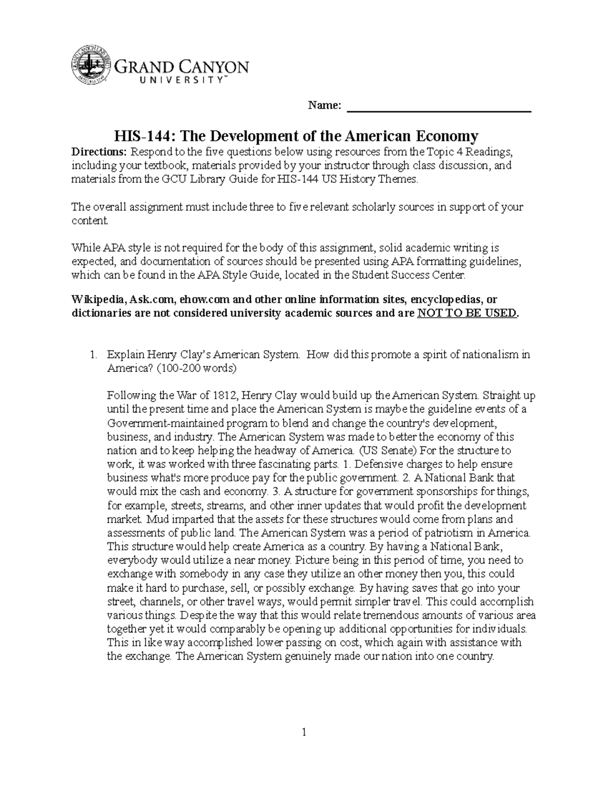 HIS-144 - topic 4 - Name: HIS-144: The Development of the American ...