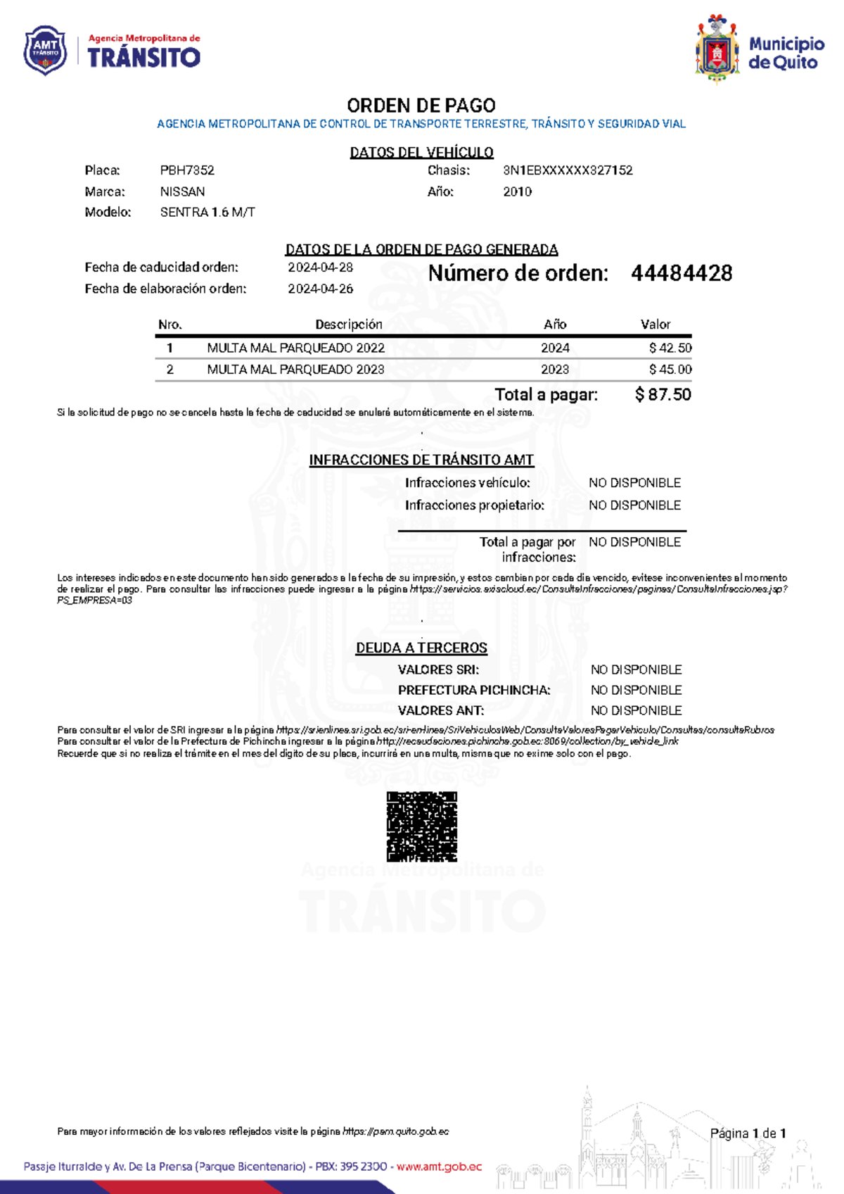 Multas por mal Parqueo - DATOS DE LA ORDEN DE PAGO GENERADA Fecha de ...