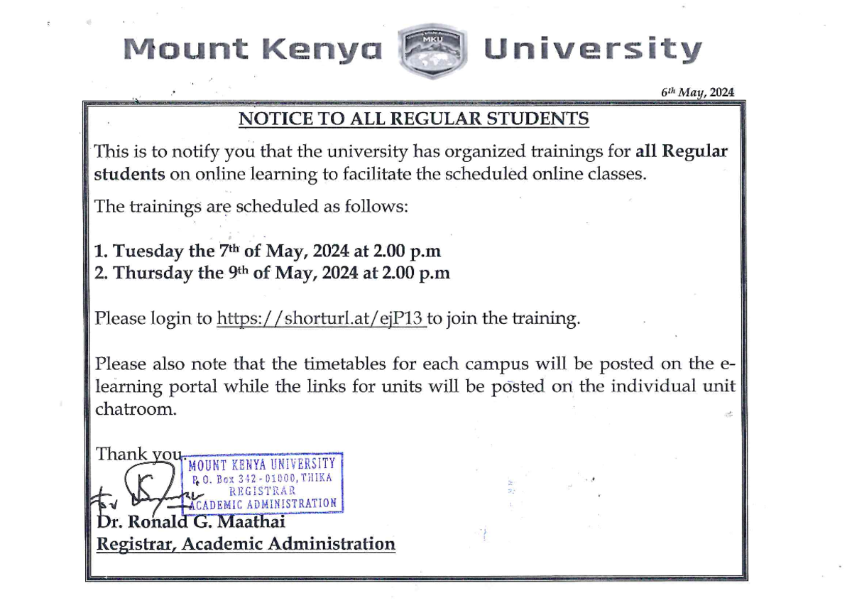 Notice to all Regular Students - Schedule of Training - Probability and ...