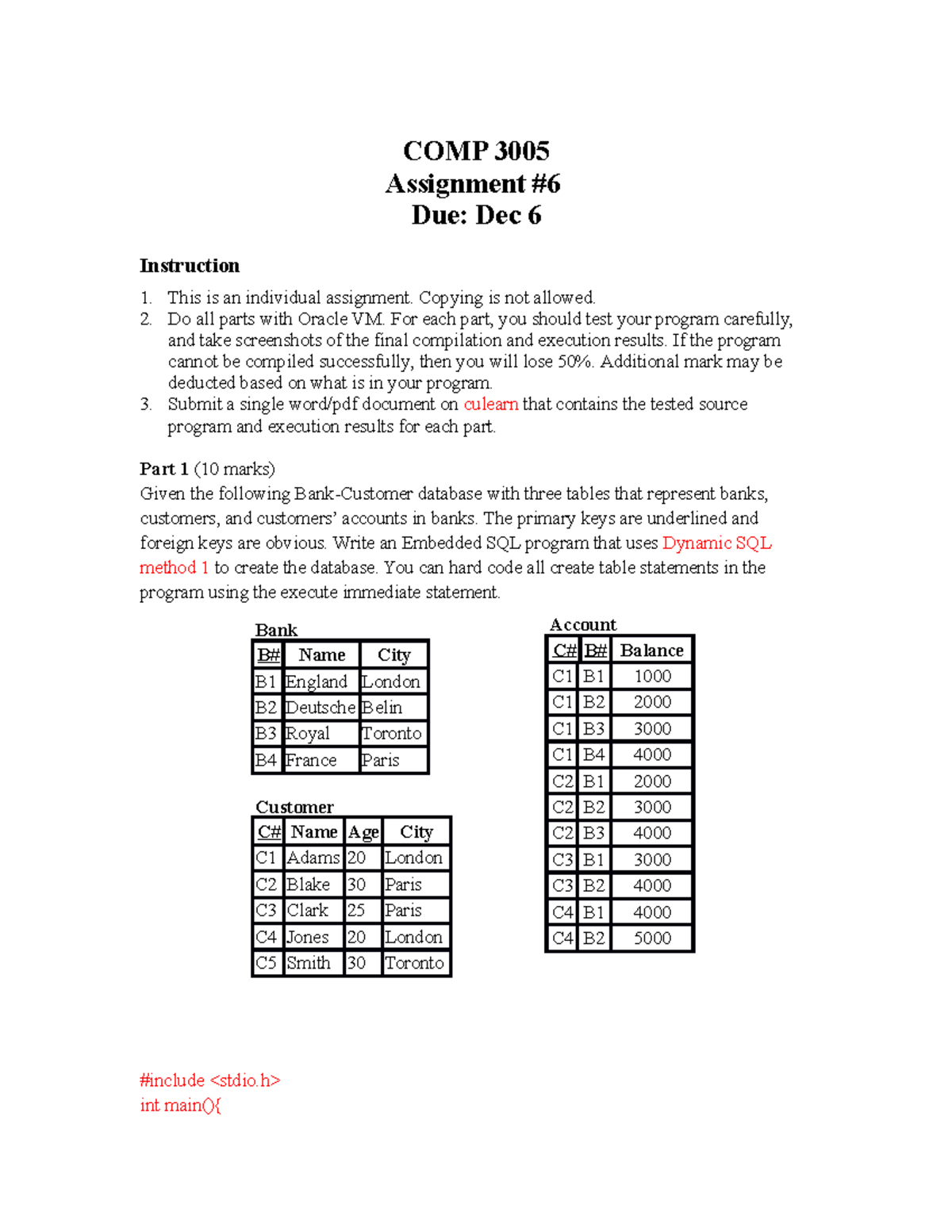 17F-AS6 SO - Dymanic SQL and PL/SQL - COMP 3005 Assignment Due: Dec 6 ...