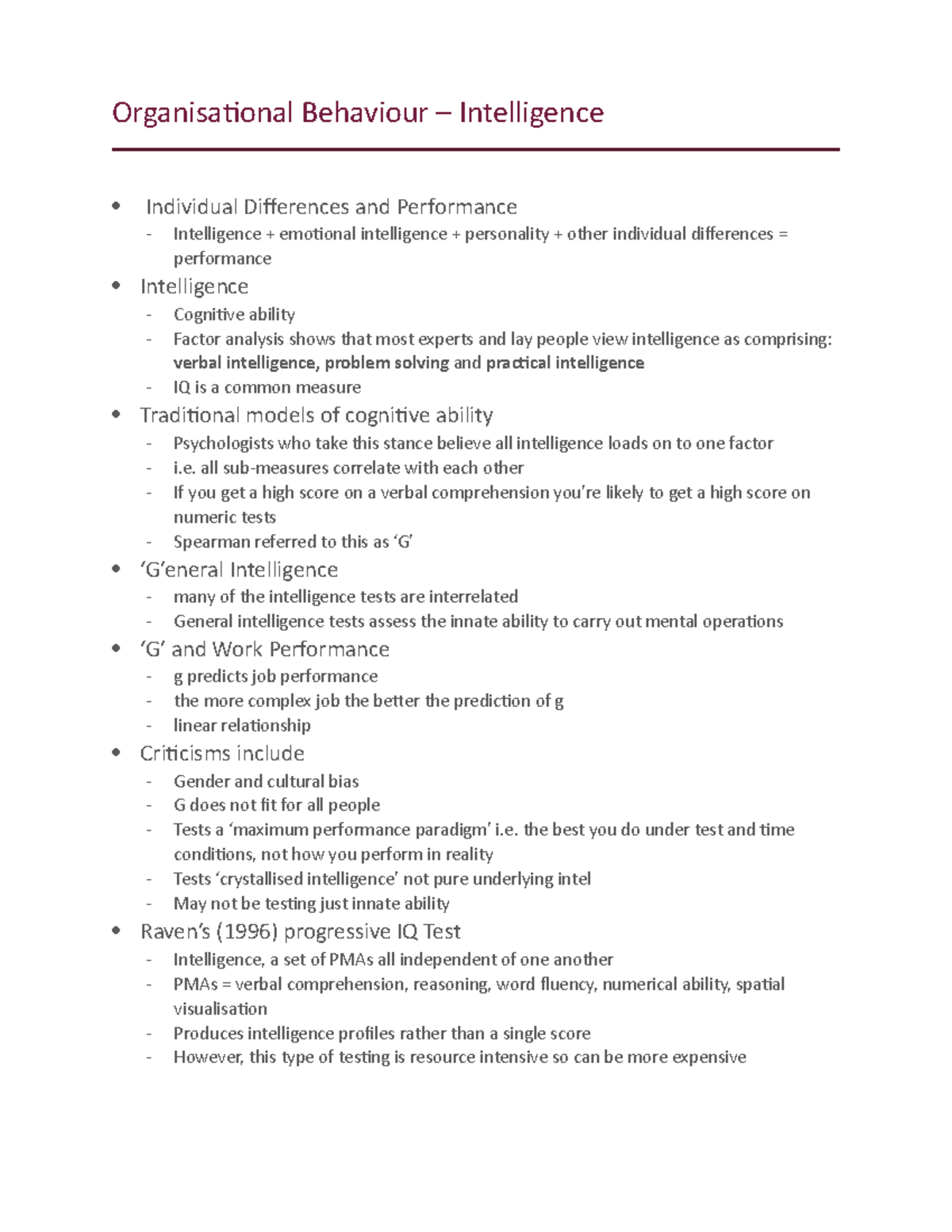 Lesson 2 – Intelligence - Organisational Behaviour – Intelligence ...