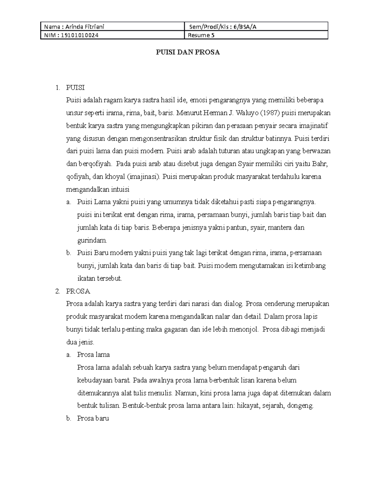 Pengertian Puisi dan Prosa - Nama : Arinda Fitriani Sem/Prodi/Kls : 6 ...