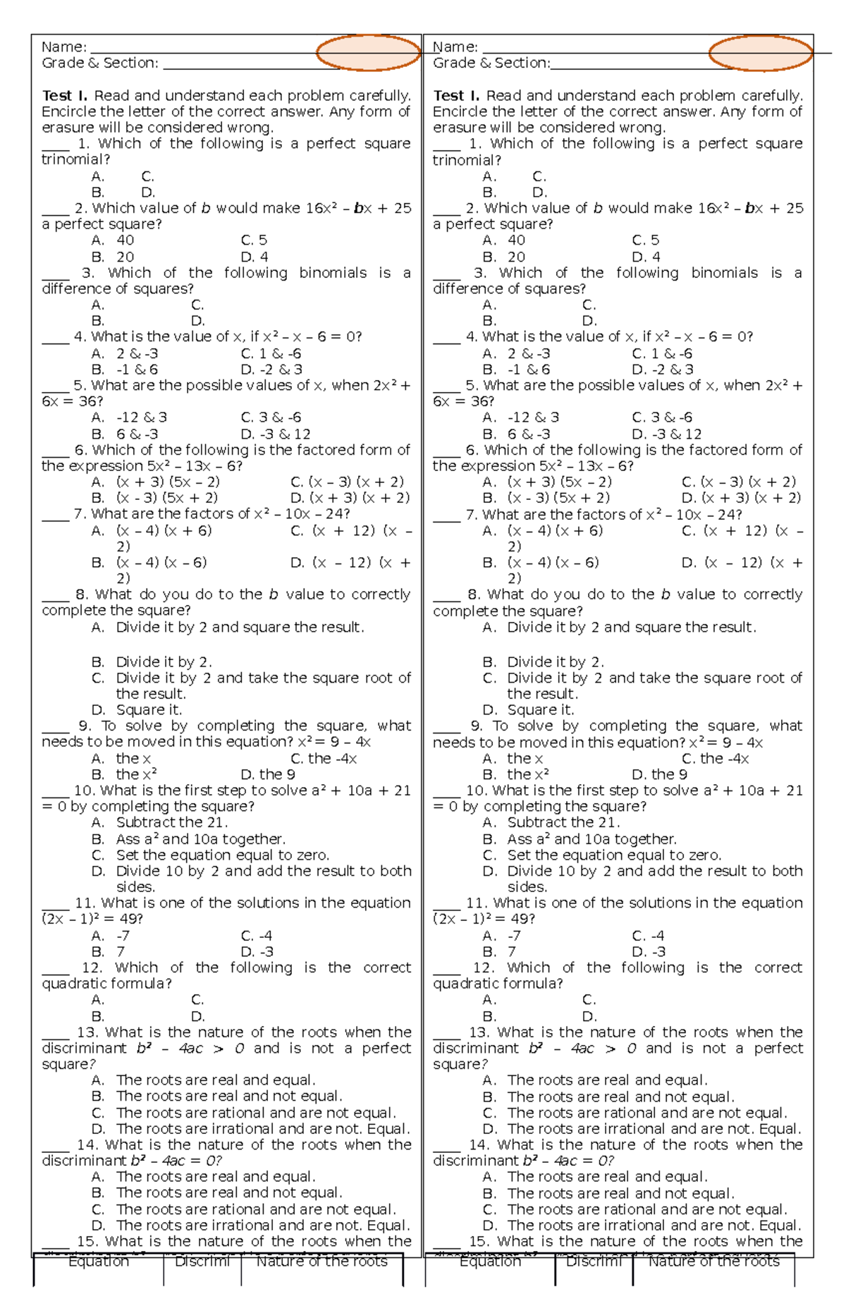 2nd Quiz B - Math Quiz - Name: Grade & Section: Test I. Read and ...