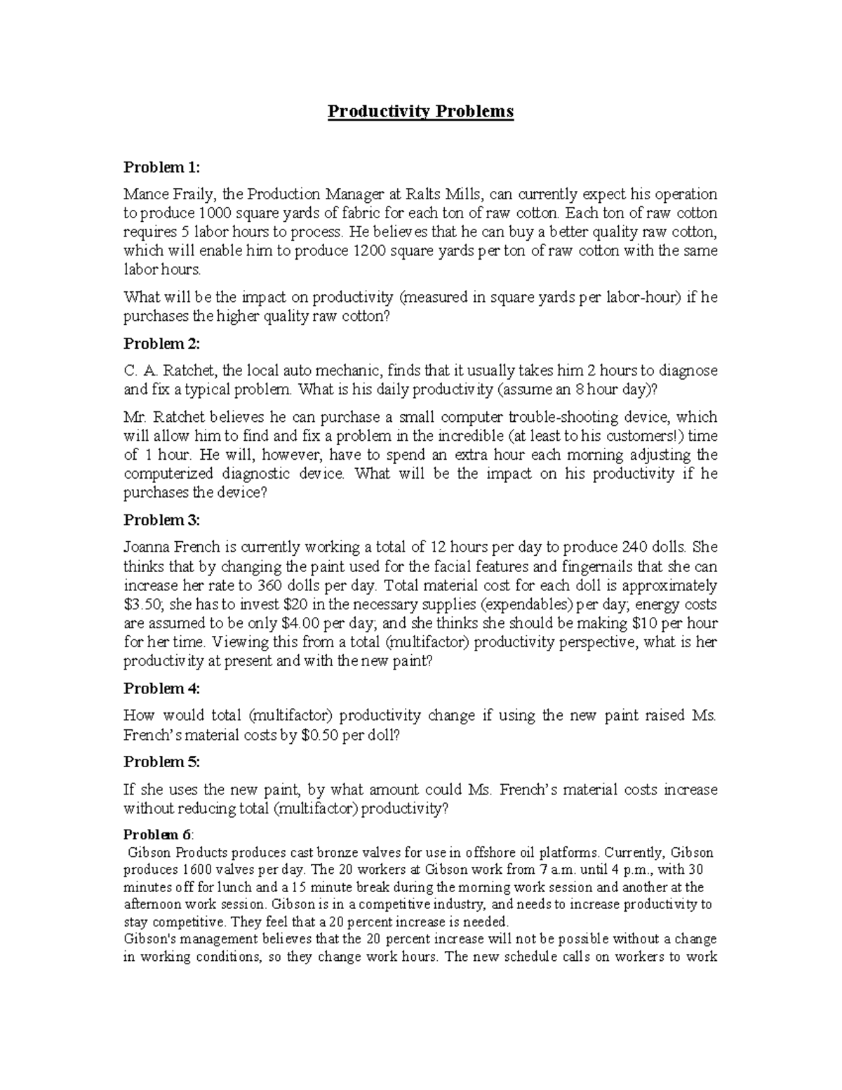 Productivity problems afsdaf vvcv - Productivity Problems Problem 1 ...