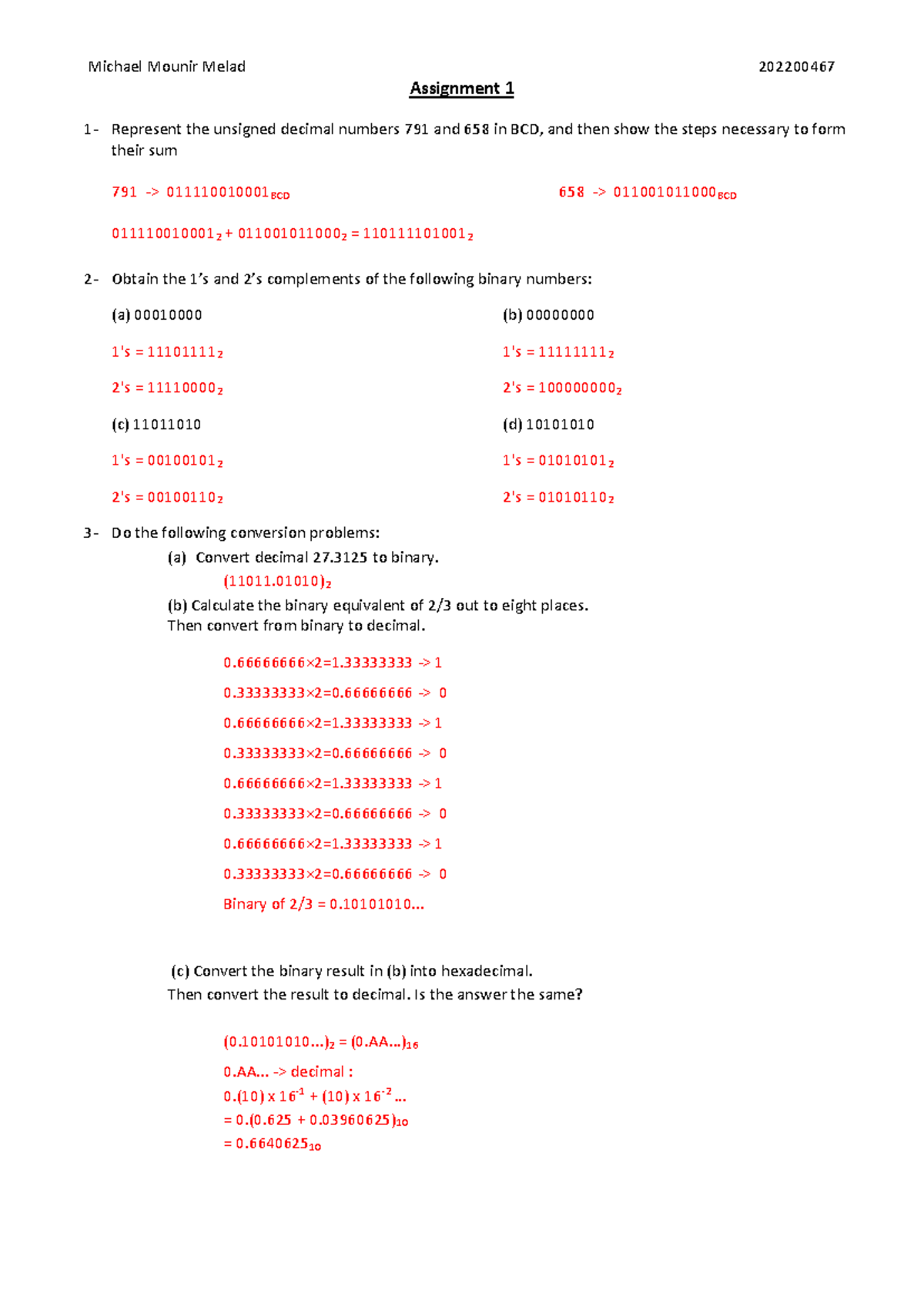 Assignment 1 2 - No I don’t have - Michael Mounir Melad 202200467 Assignment 1 1- Represent the ...