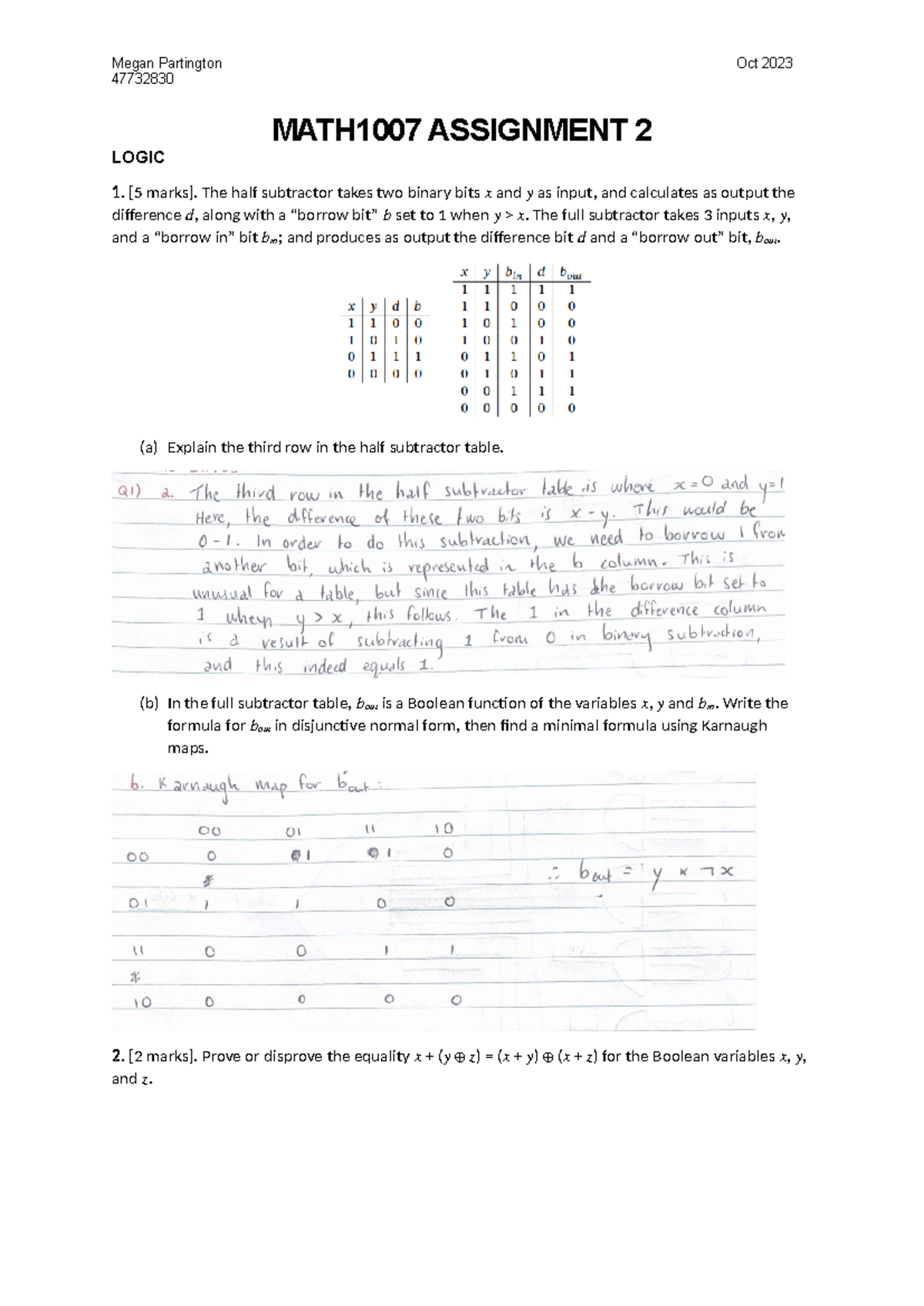 MATH1007 Assignment 2 - 47732830 MATH1007 ASSIGNMENT 2 LOGIC [5 marks ...