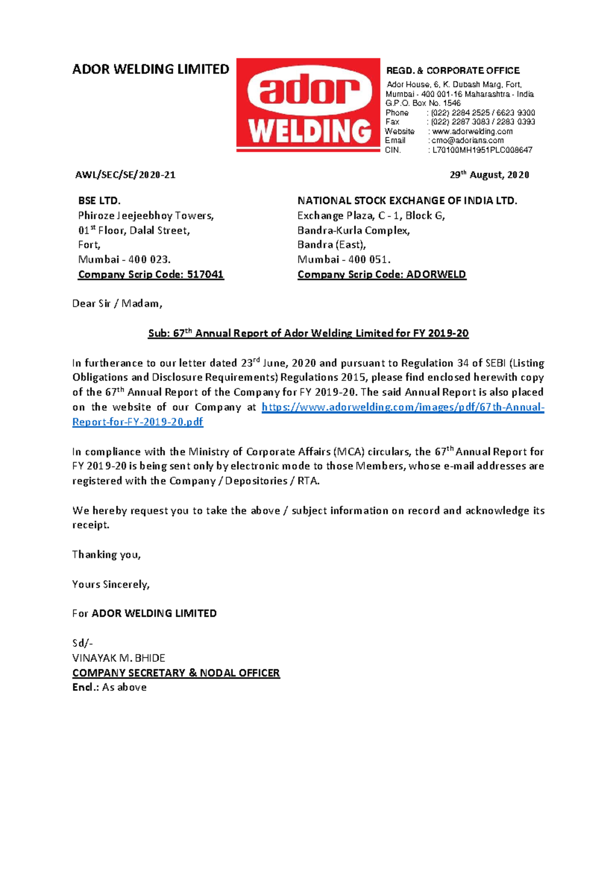 Ador welding 2019-2020 - ADOR WELDING LIMITED REGD. & CORPORATE OFFICE ...