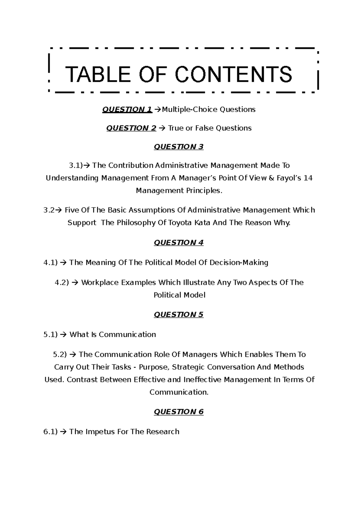 Management II Assignment Notes - TABLE OF CONTENTS QUESTION 1 Multiple ...