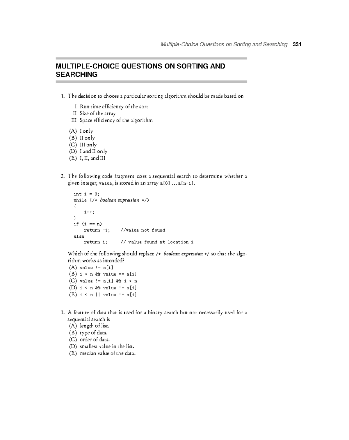 Multiple-Choice Questions on Sorting and Searching - .. a[n-1]. int i = 0; while (/* boolean ...