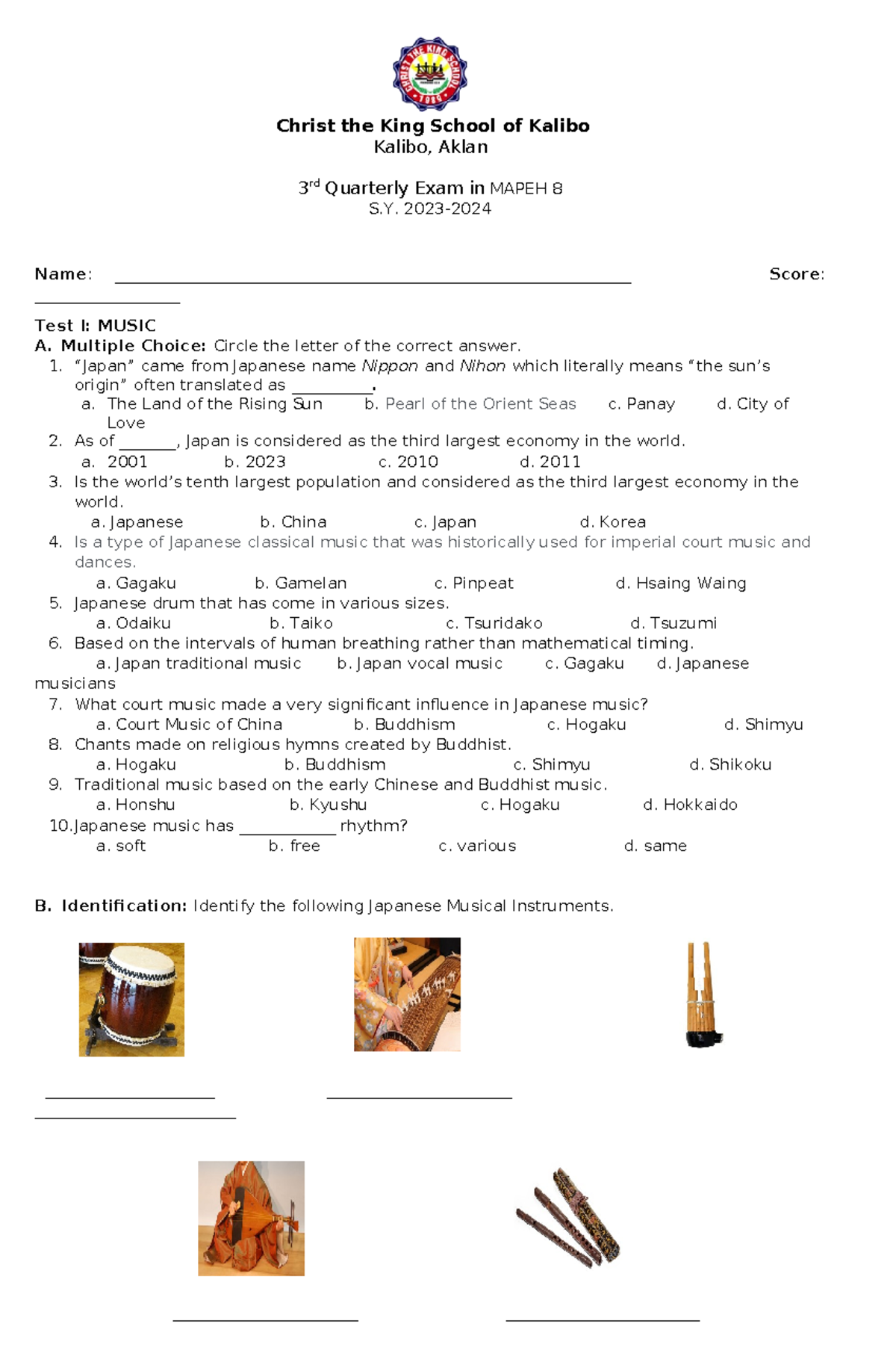 Mapeh- Exam L8 - JGVV - Christ the King School of Kalibo Kalibo, Aklan ...