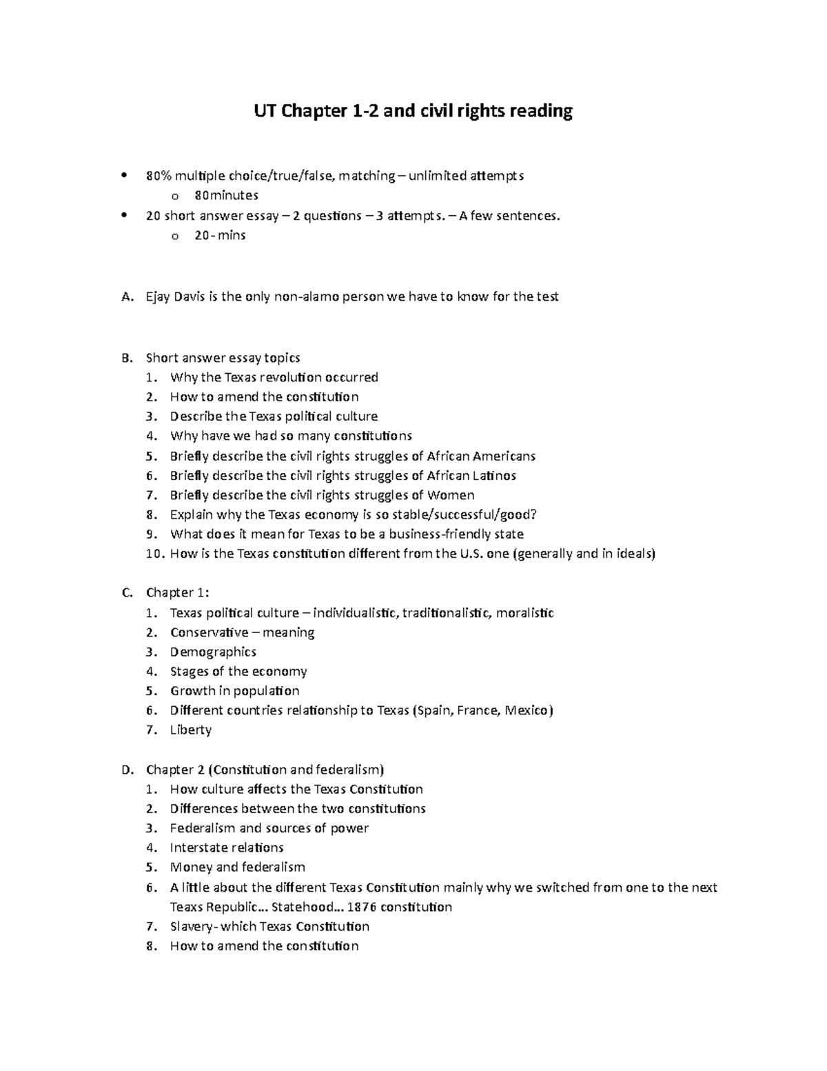 Texas Gov exam 1 notes - took professor doas - UT Chapter 1-2 and civil ...