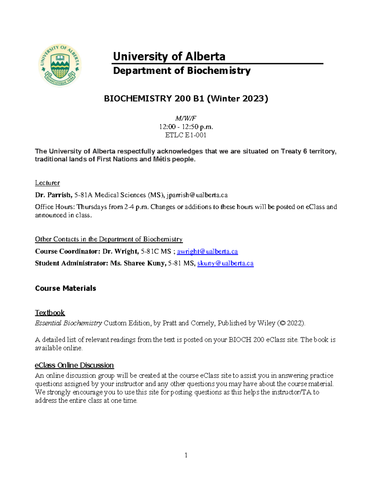 B1 Bioch 200 Winter 2023 - University of Alberta Department of ...