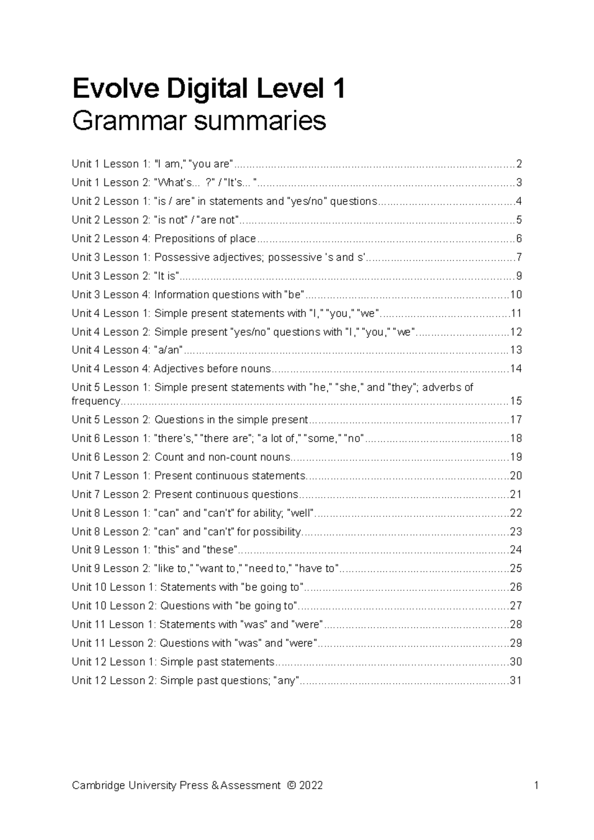Evolve Digital Level 1 Grammar summaries - Grammar summaries Evolve Digital Level Unit 1 Lesson ...
