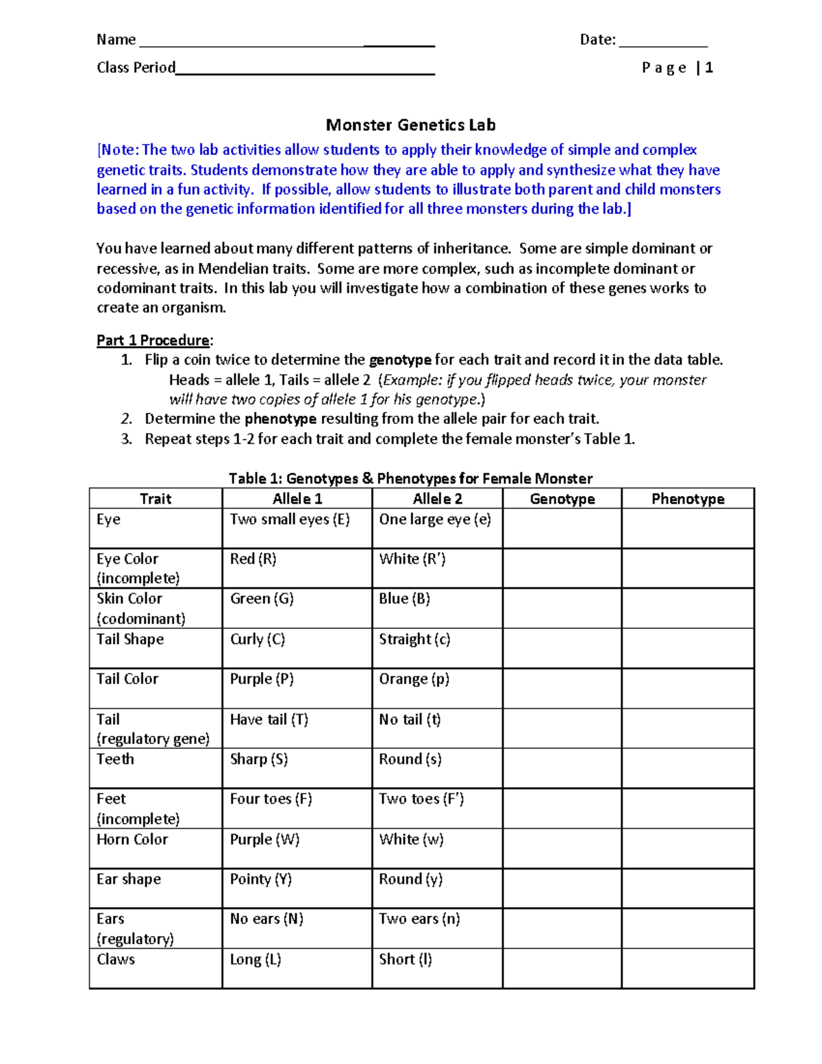 Genetics Create a monster lab - Name ____________________________ Date ...