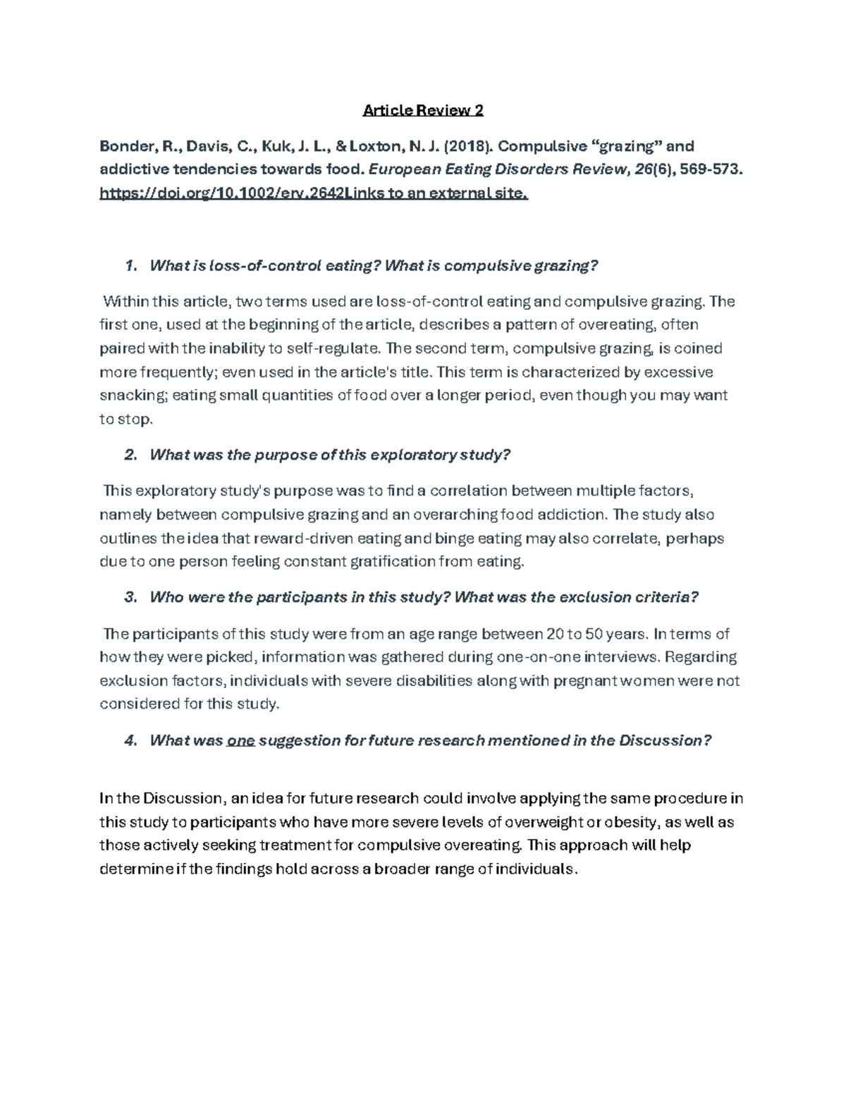 Article Review 2 - , Davis, C., Kuk, J. L., & Loxton, N. J. (2018 ...