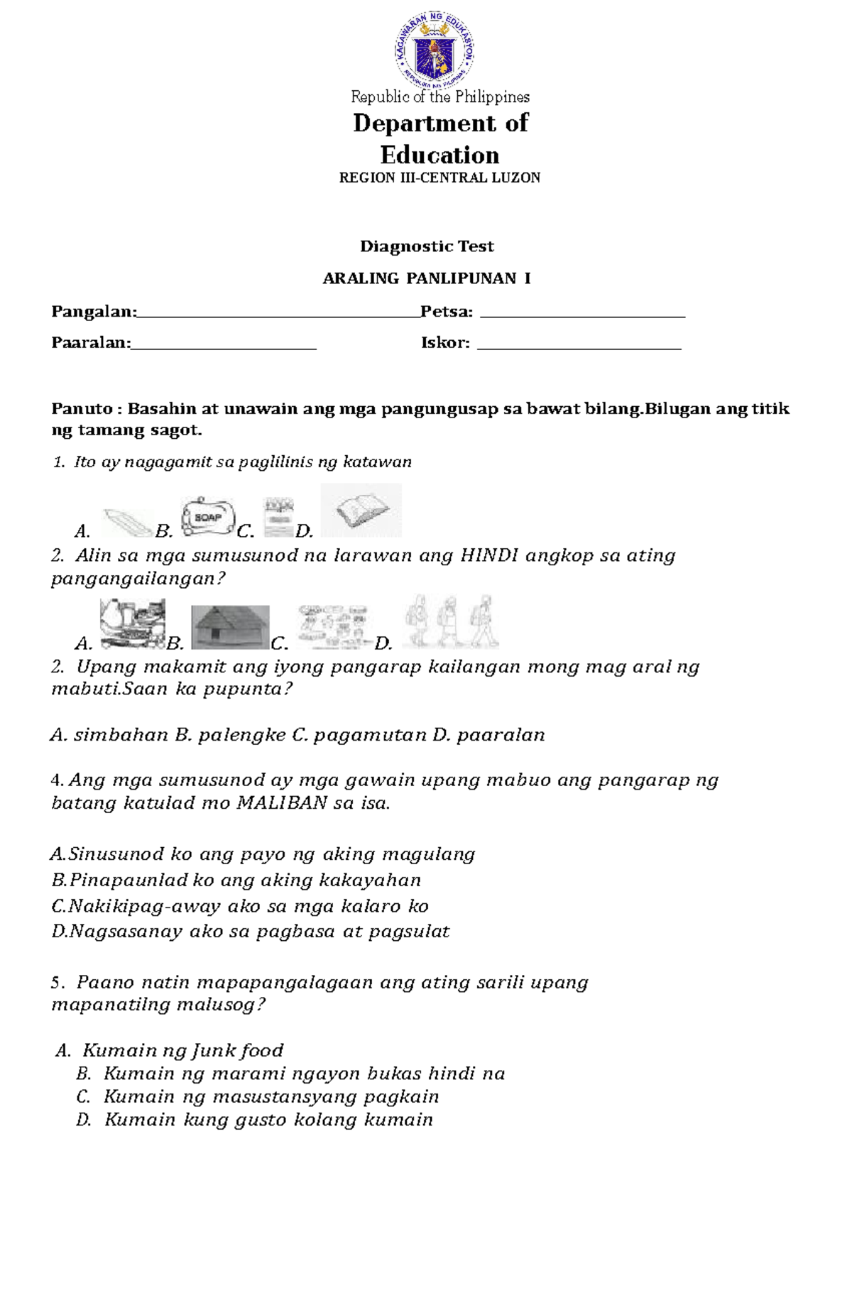 Grade-1 AP-Diagnostic-Test-V - Department of Education REGION III ...
