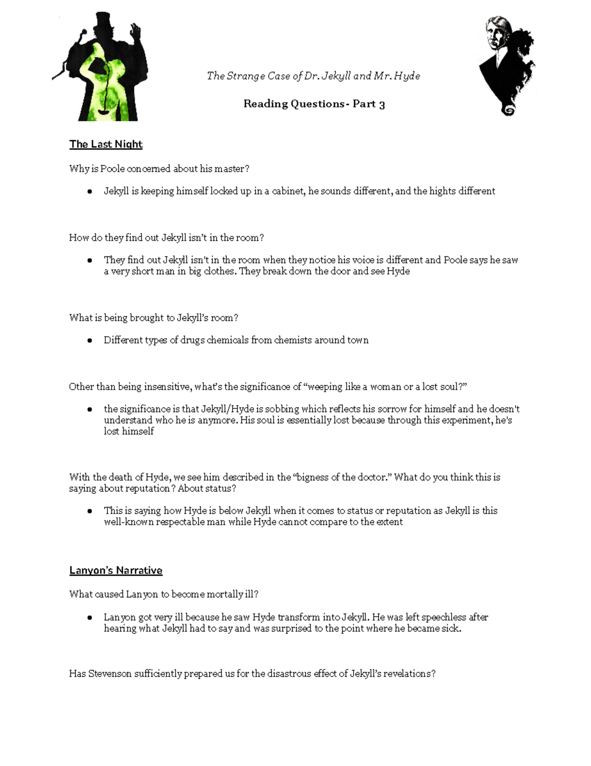 J & H Part 3 Reading Questions - The Strange Case of Dr. Jekyll and Mr ...