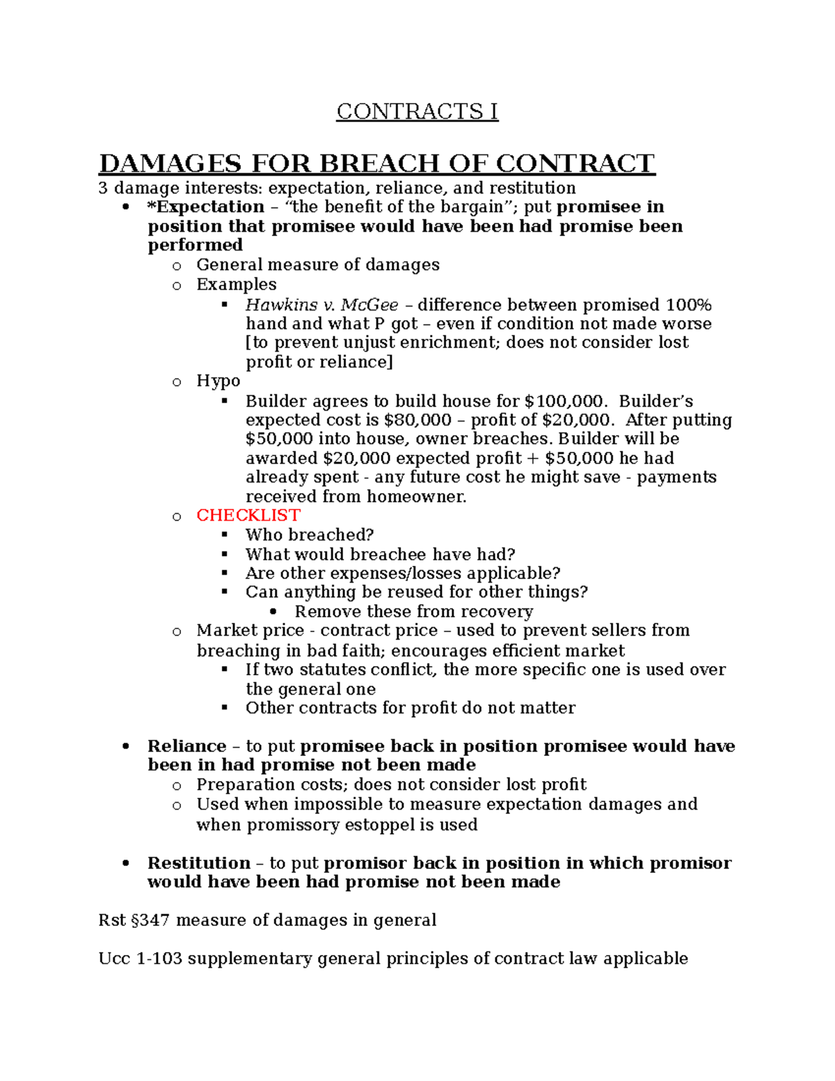 Contracts 1 outline - CONTRACT - CONTRACTS I DAMAGES FOR BREACH OF ...