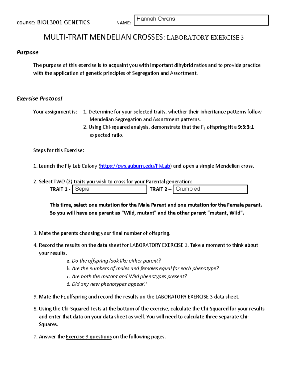 Mendelian Genetics - Exercise 3 - COURSE: BIOL 3001 GENETICS NAME ...