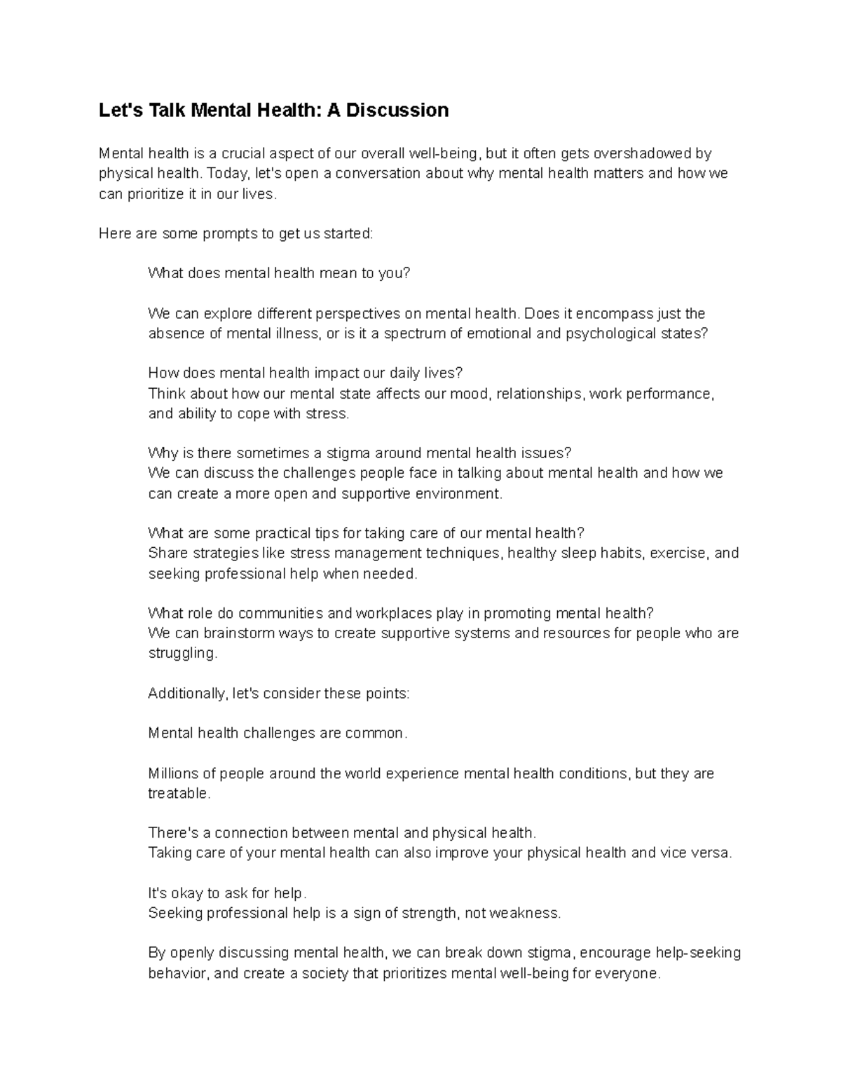 Let's Talk Mental Health A Discussion - Today, let's open a ...