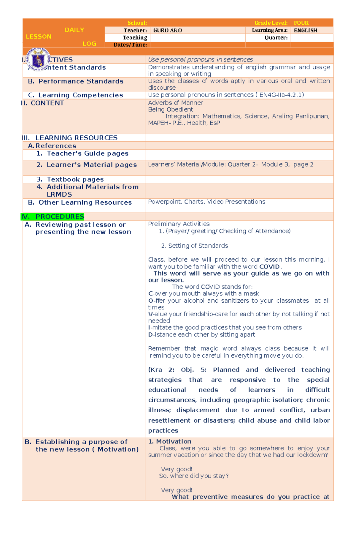 English-4-COT - I. OBJECTIVES Use personal pronouns in sentences A ...