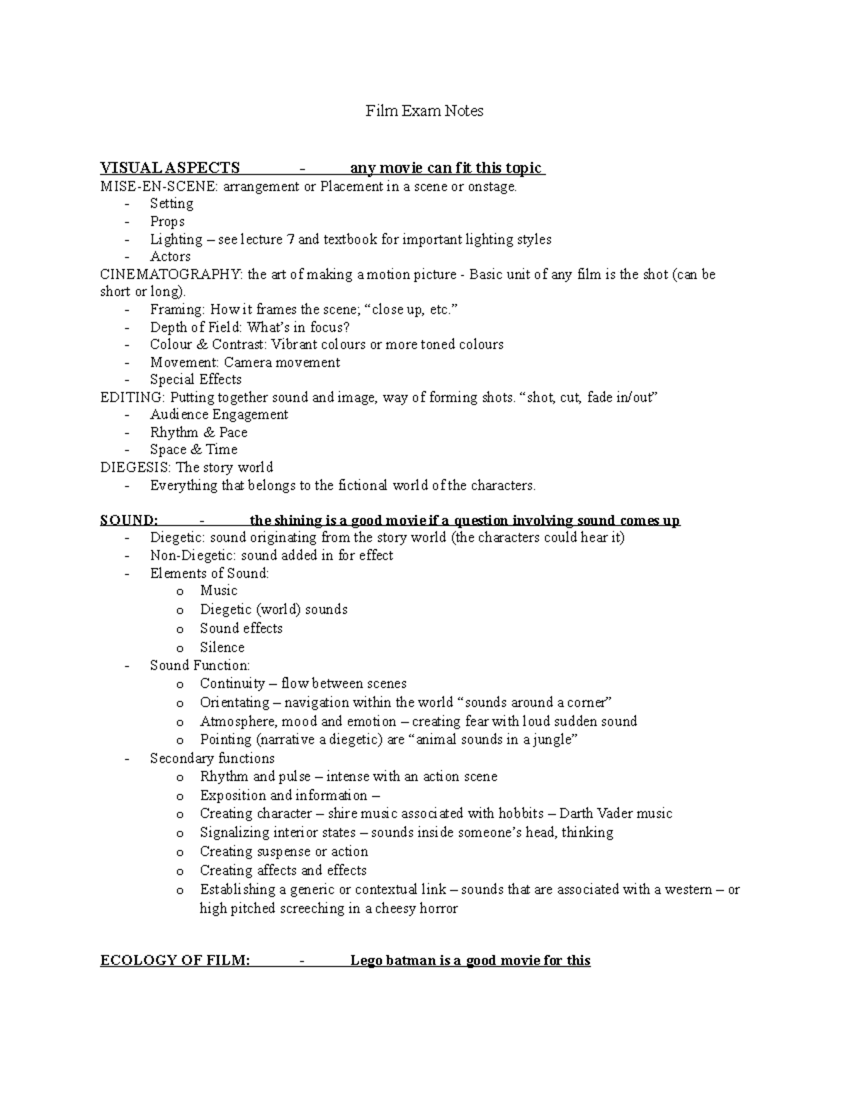 Film Exam Notes - Film Exam Notes VISUAL ASPECTS - any movie can fit ...