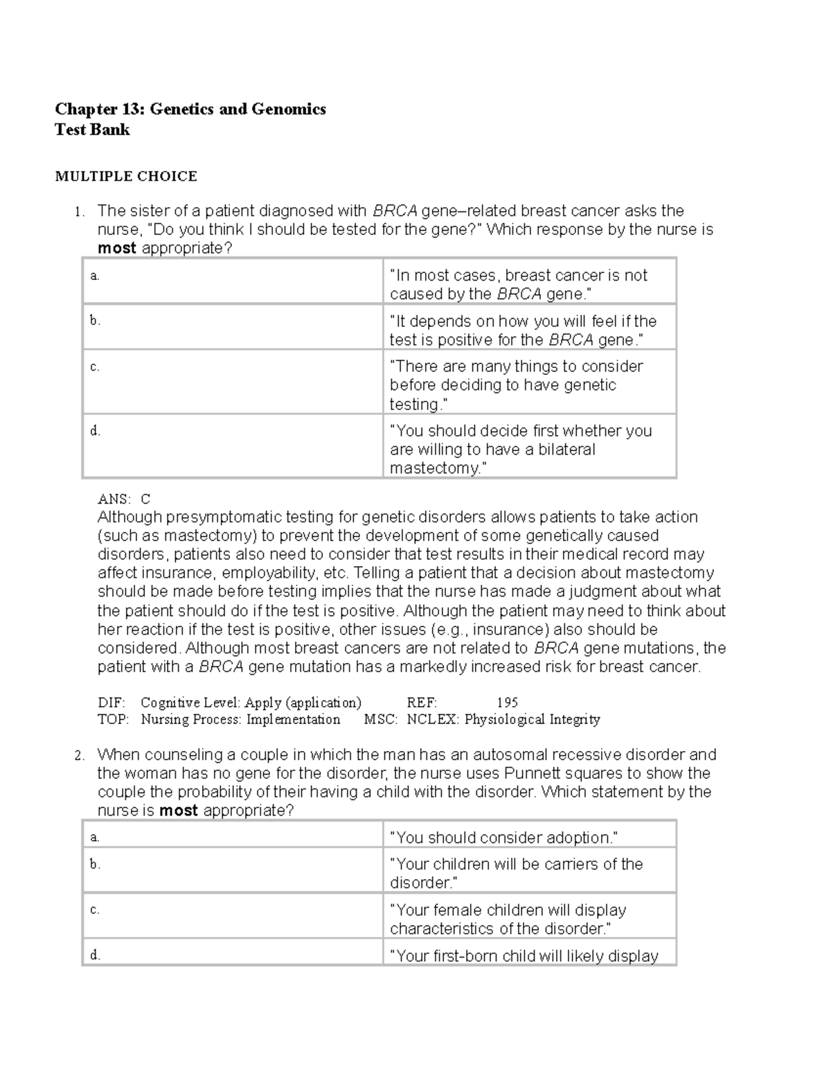 Genetics and geonomics - Chapter 13: Genetics and Genomics Test Bank ...