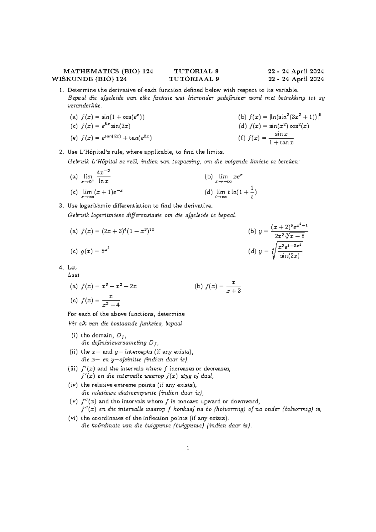 Tutorial 9 - Tut 9 - MATHEMATICS (BIO) 124 TUTORIAL 9 22 - 24 April 2024 WISKUNDE (BIO) 124 ...