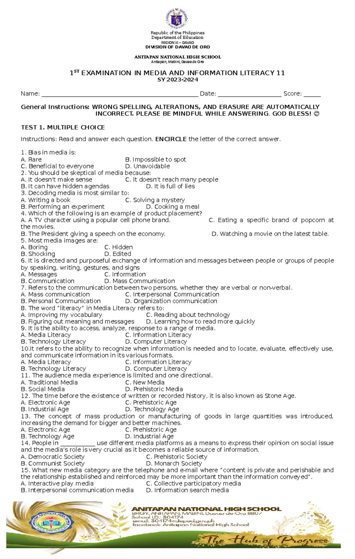 1ST EXAM IN Media AND Information Literacy - Republic of the ...