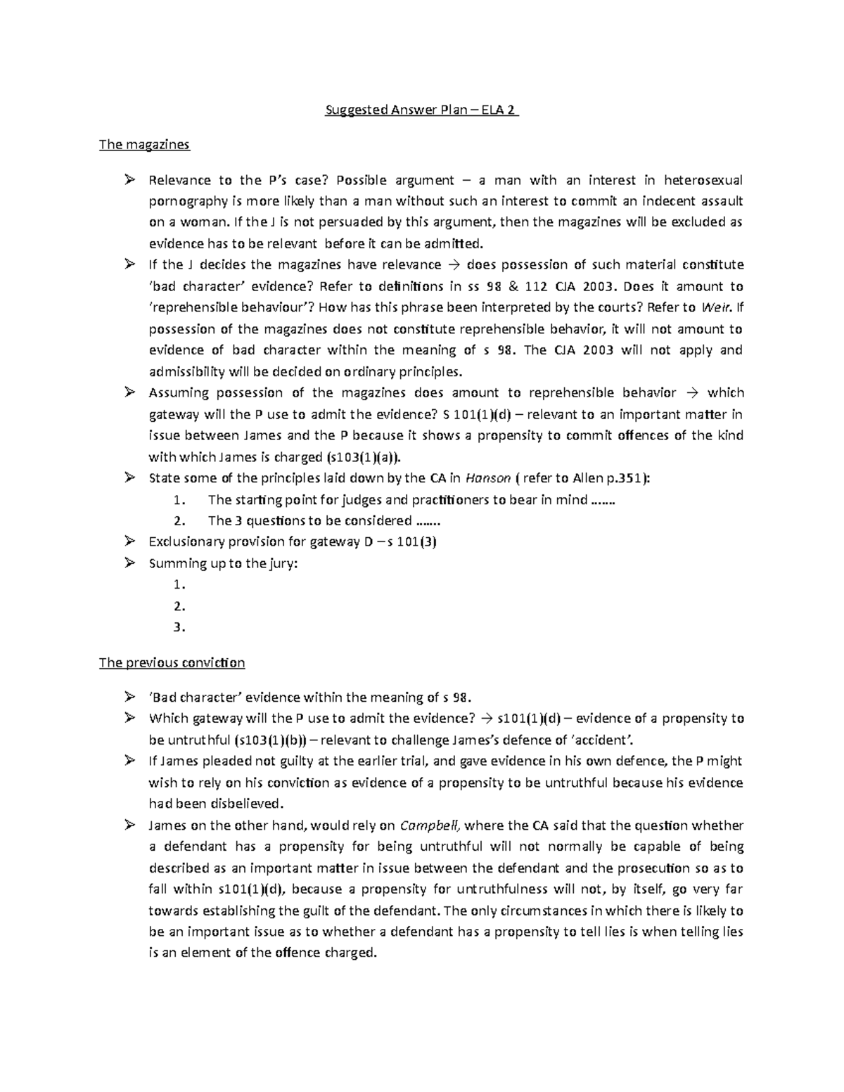 Suggested Answer Plan - Character Evidence (ELA) Law of Evidence 2020/ ...