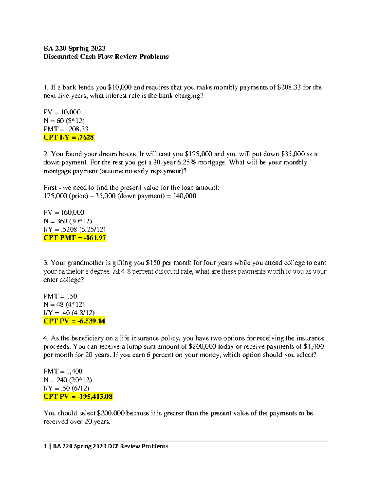 BA 220 DCF problems solutions-2 - BA 220 Spring 2023 Discounted Cash ...