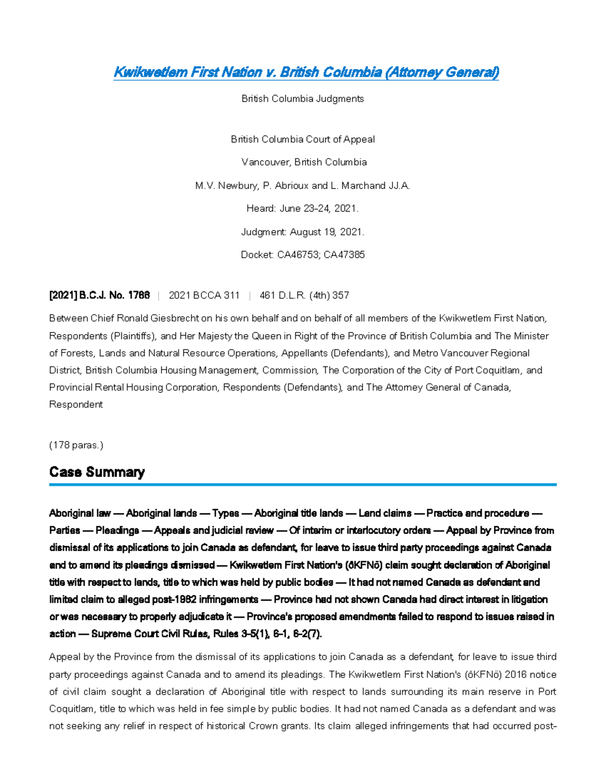 CASE - review notes - Kwikwetlem First Nation v. British Columbia ...